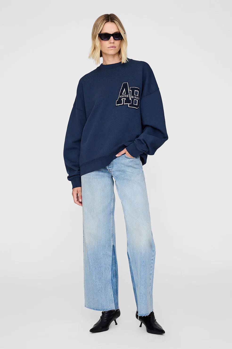 ANINE BING MILES OVERSIZED SWEATSHIRT LETTERMAN WASHED NAVY — SALT CLOTHING