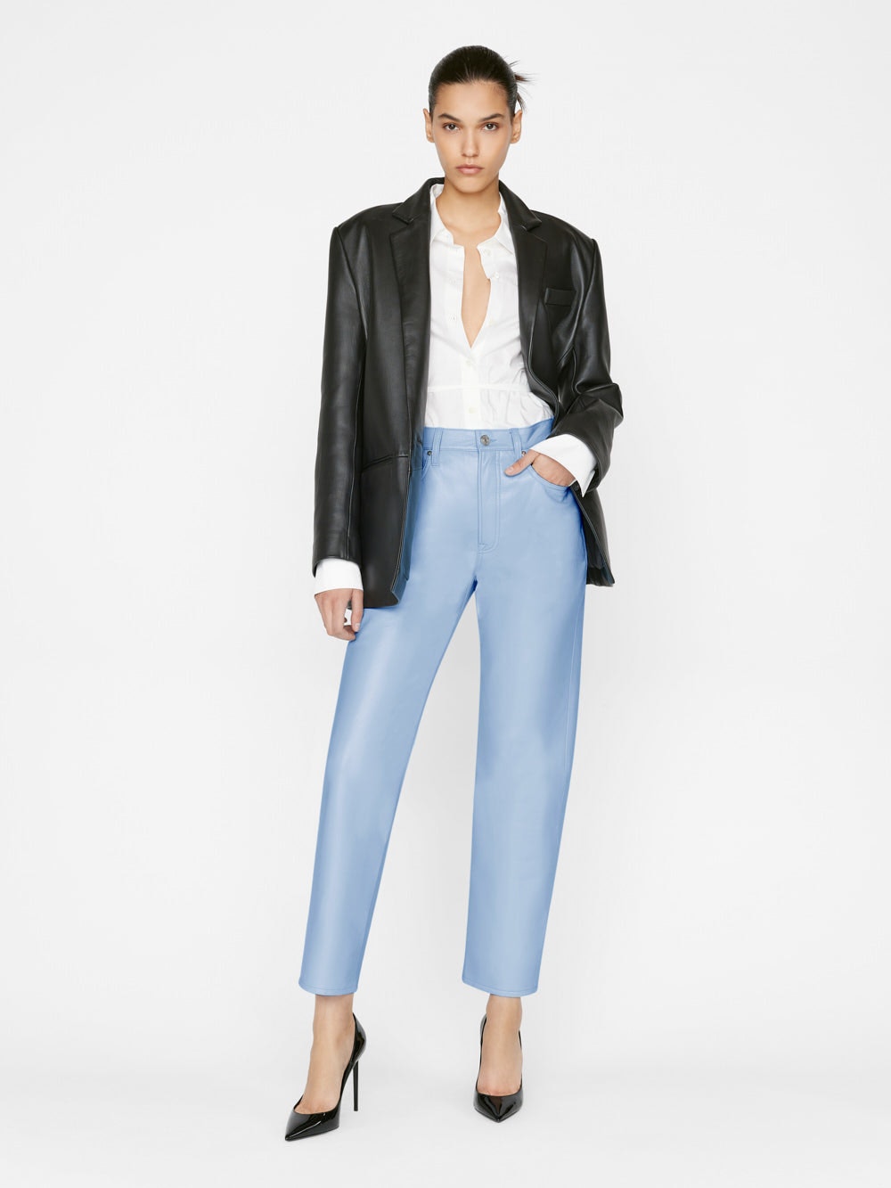 FRAME LE HIGH N TIGHT STRAIGHT RECYCLED LEATHER OXFORD BLUE — SALT CLOTHING
